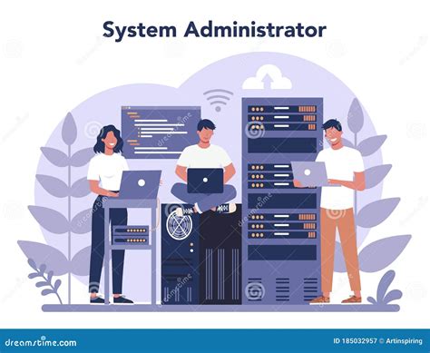 System Administrator People Working On Computer And Doing Stock Vector