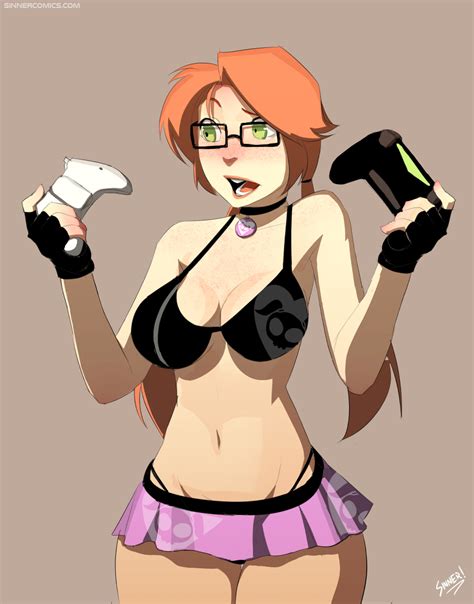 Rule 34 1girls Bra Choker Cleavage Controller Female Female Only Freckles Gamepad Glasses
