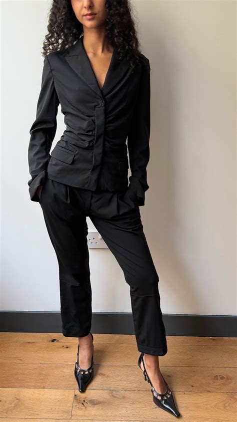 Prada Early 2000s Vintage Ruched Waist Fitted Trouser Suit Lanabu