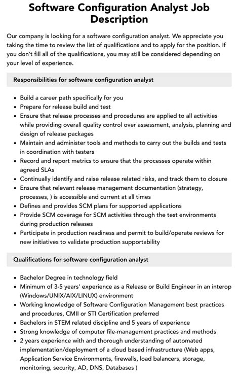 Software Configuration Analyst Job Description Velvet Jobs