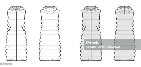 후드 다운 조끼 퍼퍼 웨이스트 코트 기술 패션 일러스트 와 Zipup 클로저 미디 길이 클래식 퀼팅 건강관리와 의술에 대한 스톡
