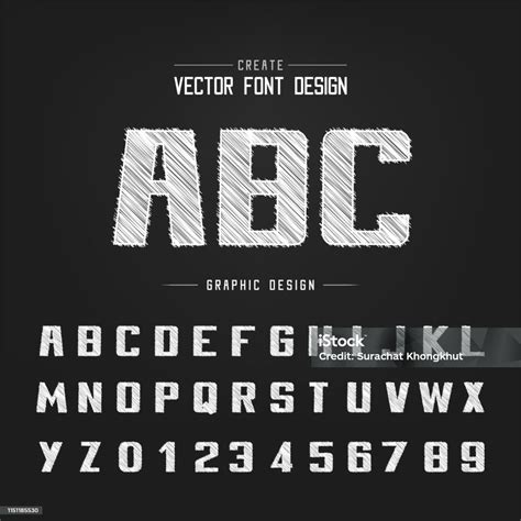 굵은 글꼴 및 알파벳 벡터 분필 쓰기 서체 및 숫자 디자인 배경에 그래픽 텍스트 스케치 검은색에 대한 스톡 벡터 아트 및 기타