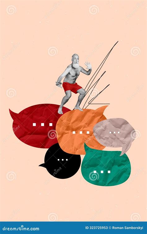 Vertical Collage Image Mature Pensioner Funky Naked Torso Man Tourist Textbox Messages