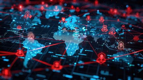 Global Cyber Threat Map A Hightech Map Showing Realtime Global Cyber Threats With Red Lines