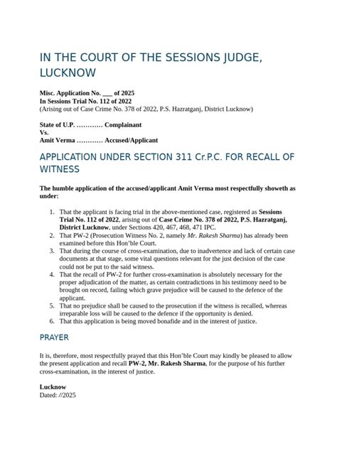 In The Court Of The Sessions Judge Lucknow Application Under Section