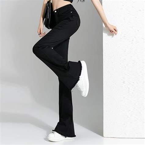 통통한 배 모양의 플레어 팬츠 여성 초봄옷 빅 사이즈 하이웨이스트 스트레치 데님 밑단 풀림 말굽 팬츠 바지 청바지