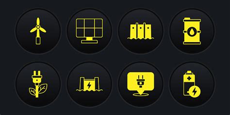 세트 전기 절약 플러그 리프 바이오 연료 배럴 수력 발전 댐 태양 에너지 패널 배터리 및 풍력 터빈 아이콘 벡터 강에 대한 스톡 벡터 아트 및 기타 이미지 Istock