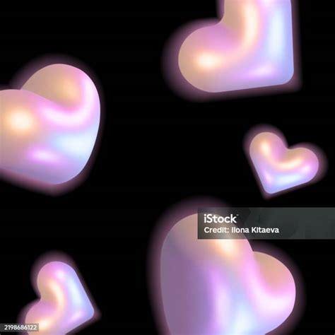 검은 배경에 떠 있는 무지개 빛깔의 빛이 있는 홀로그램 3d 하트 발렌타인 데이 디자인 벡터 일러스트 레이 션에 이상적 3차원 형태에 대한 스톡 벡터 아트 및 기타 이미지