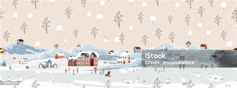 원활한 패턴 겨울 풍경 크리스마스 행복한 사람들과 공원에서 아이스 스케이트를 타는 북극곰과 함께 밤에 마을의 새해 배경 벡터 수평 귀여운 패턴 겨울 원더랜드 크리스마스