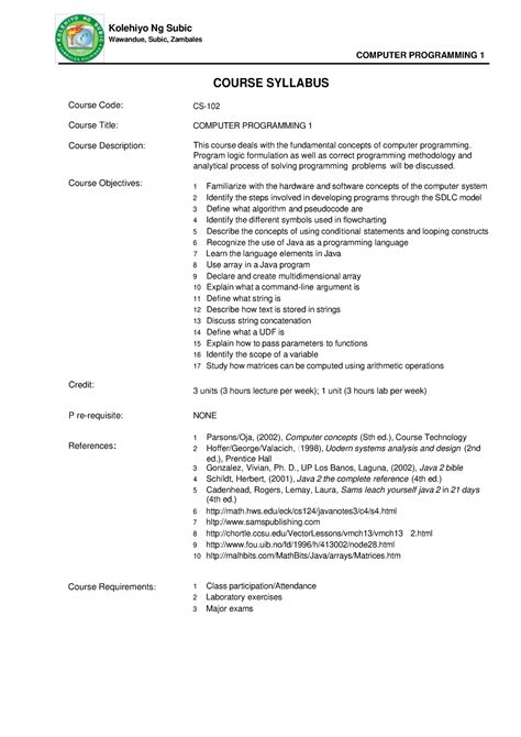 Syllabi Com Prog 1 Wawandue Subic Zambales Computer Programming 1