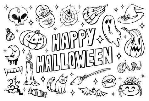Happy Halloween Coloring Page With Hand Drawn Spooky Objects And