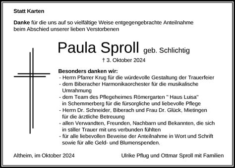 Traueranzeigen Von Paula Sproll Schwaebische De Trauerportal