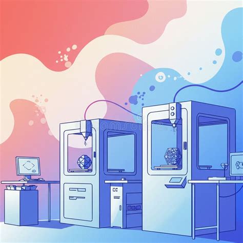 Illustration Of A Futuristic Workshop With Two 3d Printers Creating