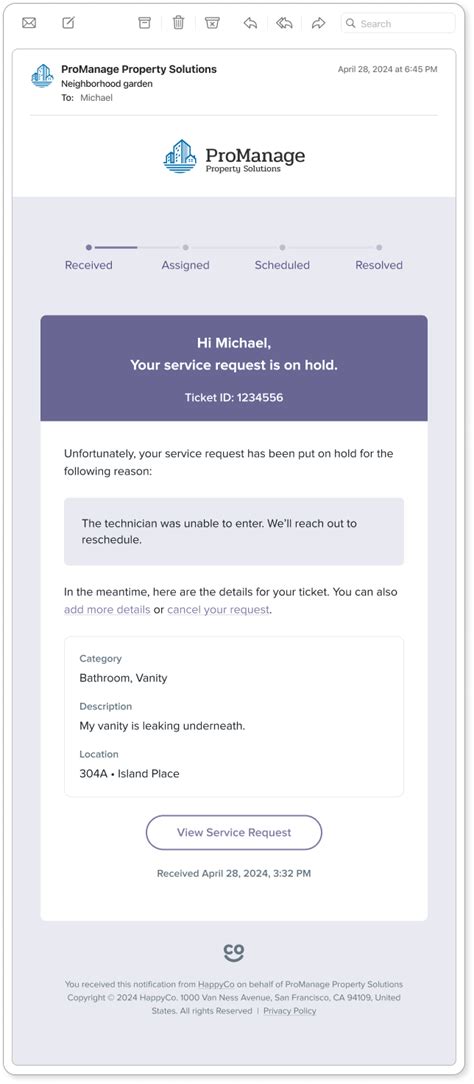 view service request status happyco