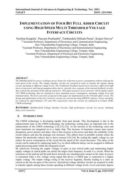 IMPLEMENTATION OF FOUR BIT FULL ADDER CIRCUIT USING HIGH SPEED MULTI THRESHOLD VOLTAGE INTERFACE