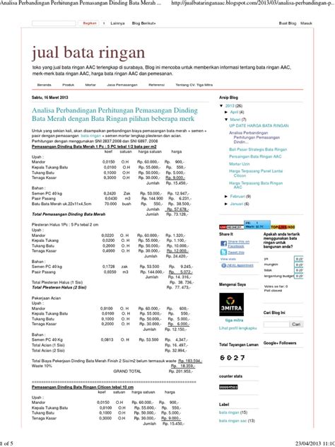 Analisa Perbandingan Perhitungan Pemasangan Dinding Bata Merah Dengan Bata Ringan Pilihan