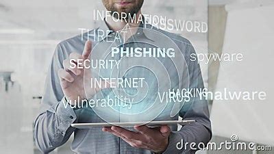 Phishing Malware Spyware Vulnerability Hacking Word Cloud Made As Hologram Used On Tablet By