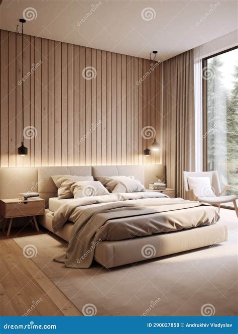Scandinavian Interior Design Of Modern Bedroom With Wooden Paneling