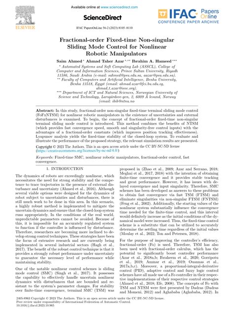Pdf Fractional Order Fixed Time Non Singular Sliding Mode Control For Nonlinear Robotic