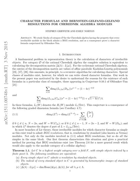 Pdf Character Formulas And Bernstein Gelfand Gelfand Resolutions For Cherednik Algebra Modules