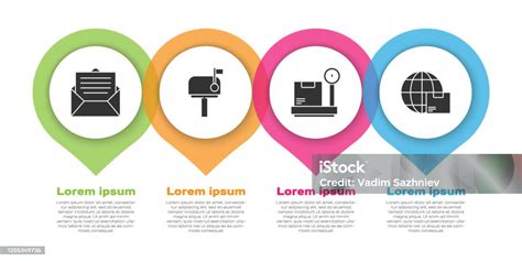 봉투 우편함 골판지 상자 와 세계 배송 및 상자로 스케일을 설정합니다 비즈니스 인포그래픽 템플릿입니다 벡터 규모에 대한 스톡 벡터 아트 및 기타 이미지 Istock