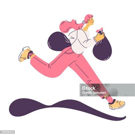 쓰레기로 조깅하는 여자 흰색으로 격리된 플랫 윤곽선 문자 달리기에 대한 스톡 벡터 아트 및 기타 이미지 달리기 플로깅