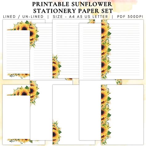 Printable Sunflower Stationery Paper Set Lined Blank Paper Pdf Download