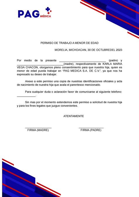 Carta Permiso Laboral Menores De Edad Permiso De Trabajo A Menor De
