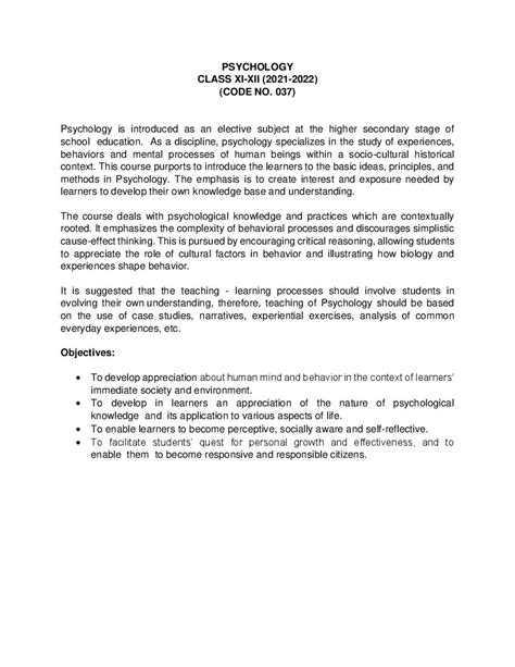 Cbse Class 11 Psychology Syllabus 2021 22