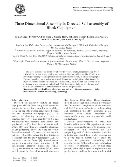 Pdf Three Dimensional Assembly In Directed Self Assembly Of Block Copolymers