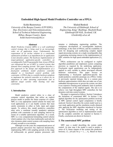 pdf embedded high speed model predictive controller on a fpga