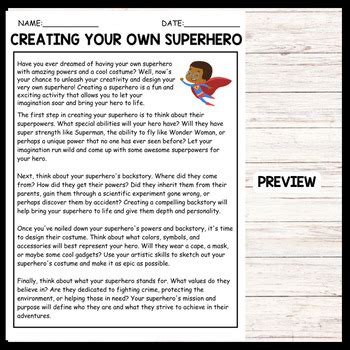 "CREATING YOUR OWN SUPERHERO" SUPERHERO Reading Comprehension Worksheets