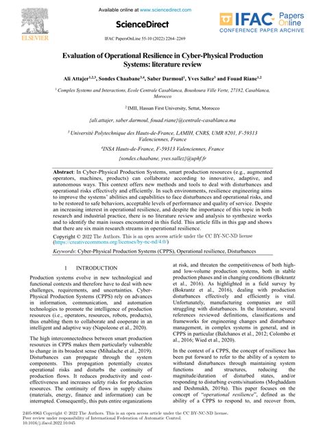 Pdf Evaluation Of Operational Resilience In Cyber Physical Production Systems Literature Review