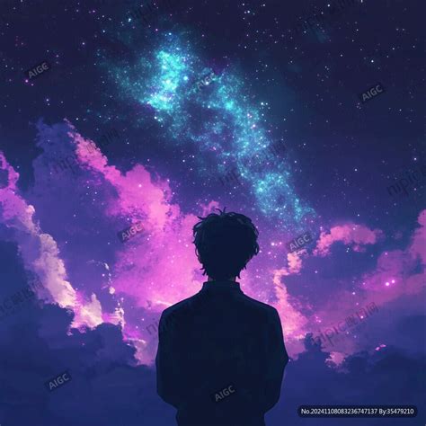 Ai创作图星辰大海男孩背影 仰望星空的人 仰望星河的人 看星星的人 手绘紫色星空插画 板绘星空 星空下的人 蓝紫色暗黑色宇宙星空 星空人物