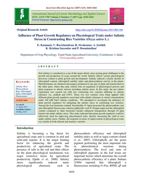 Pdf Influence Of Plant Growth Regulators On Physiological Traits
