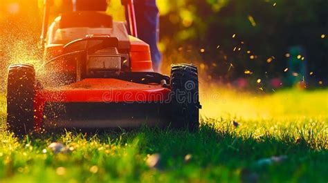 A Man Mowing The Grass With A Lawnmower Stock Image Image Of Holding