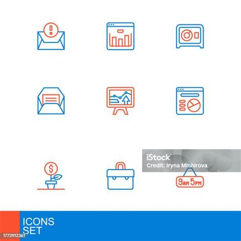 9에서 5까지 작업 설정 서류 가방 달러 공장 파이 차트 인포 그래픽 봉투 모니터 포함 안전 및 브라우저 주식 시장 아이콘 벡터