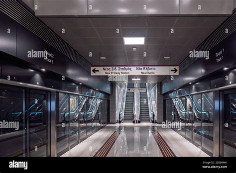 Thessaloniki Greece Illuminated Underground Empty Metro Station Platform With Modern Design