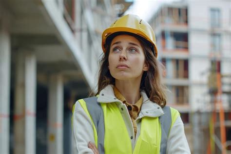 Successful Woman Constructor In Helmet And Safety Vest At Site