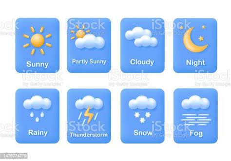 기상 웹 사이트 또는 기후 모바일 앱 아이콘 일기 예보를 설정합니다 태양 달 구름 안개 비 눈 3차원 형태에 대한 스톡 벡터 아트 및 기타 이미지 Istock