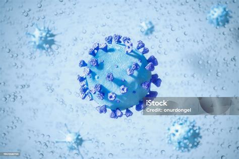 Closeup View Of Virus Cell Under Microscope With Blue Background Stock