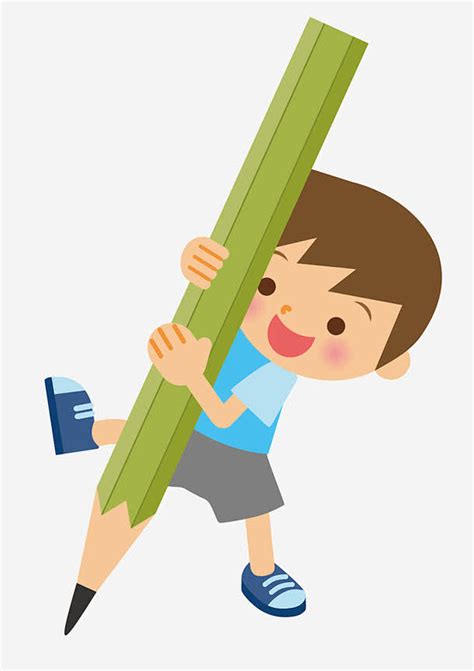 卡通手绘抱着铅笔写字的男孩