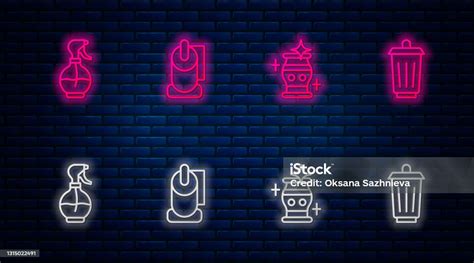 세트 라인 화장지 롤 깨끗한 꽃병 물 스프레이 병 및 쓰레기통 수 있습니다 벽돌 벽에 빛나는 네온 아이콘 벡터 가사 집안일에 대한 스톡 벡터 아트 및 기타 이미지 Istock