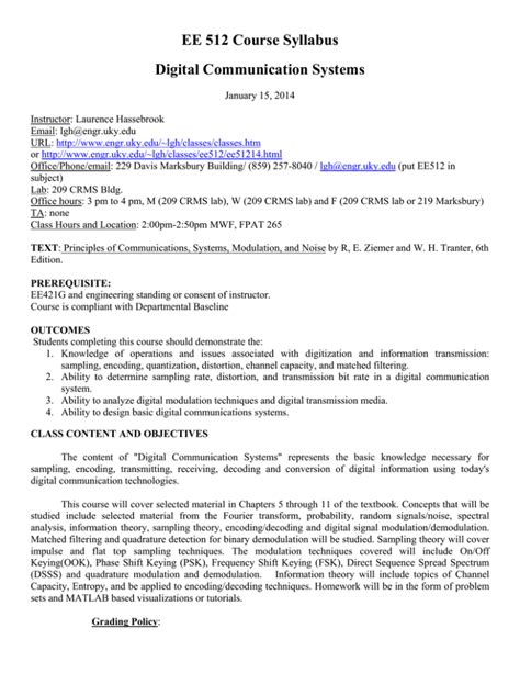 Ee 512 Course Syllabus Digital Communication Systems