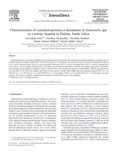 Pdf Characterization Of Extended Spectrum β Lactamases In Salmonella Spp At A Tertiary