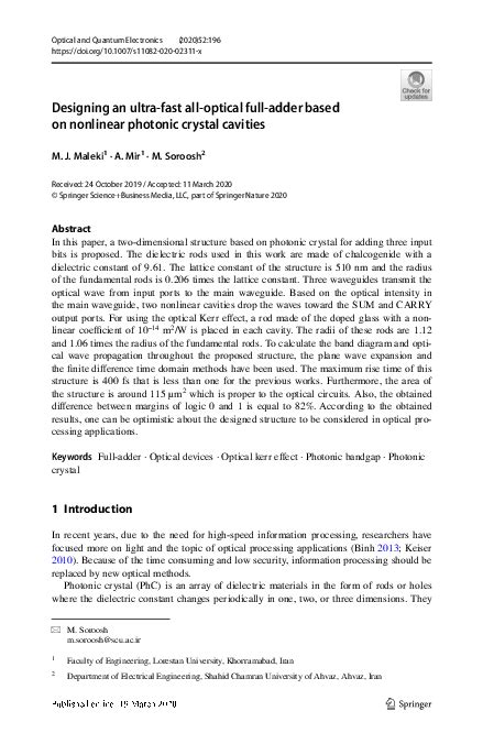 Pdf Designing An Ultra Fast All Optical Full Adder Based On Nonlinear Photonic Crystal Cavities