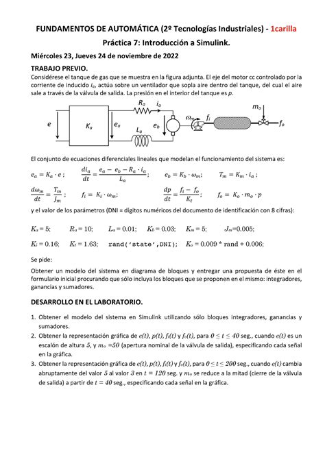 PrÁctica 7 IntroducciÓn A Simulink Fundamentos De AutomÁtica 2º Tecnologías Industriales