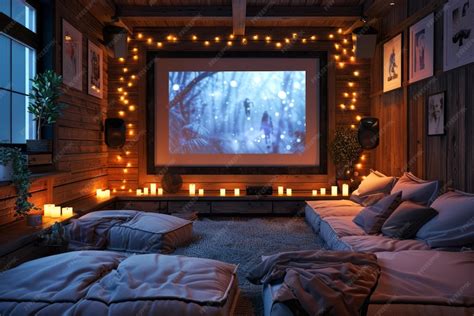 Cozy Rustic Home Cinema Room With Fairy Lights Framed Movie Posters And
