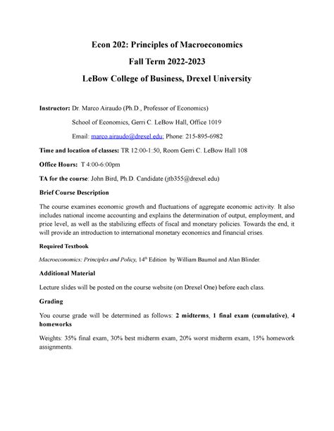 Econ202 F2022 Syllabus Econ 202 Principles Of Macroeconomics Fall Term 2022 LeBow College Of