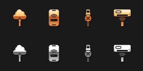 클라우드 업로드 Wifi 무선이 있는 모바일 Usb 케이블 코드 없음 및 에어컨 아이콘을 설정합니다 벡터 0명에 대한 스톡 벡터
